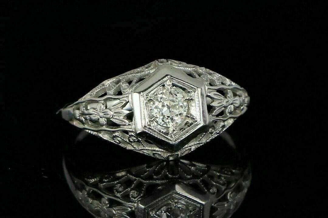 Edwardian Openwork Filigree Ring, Hexagon Shape Vintage Style Solitaire ...