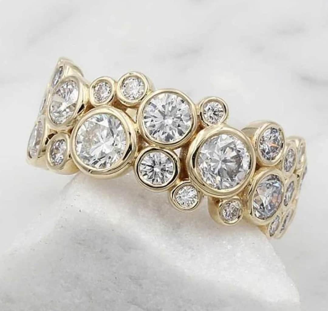 Bezel Set Bubble Ring, Round Moissanite Diamond Full Eternity Ring, 14K Yellow Gold Wedding Ring ...