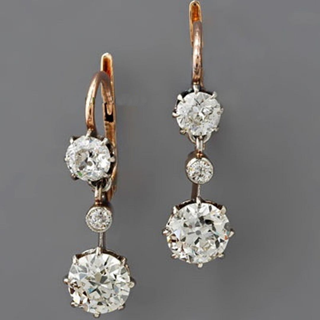 Old European Cut Moissanite Diamond Dangle Earring, 14K Rose Gold Lever ...