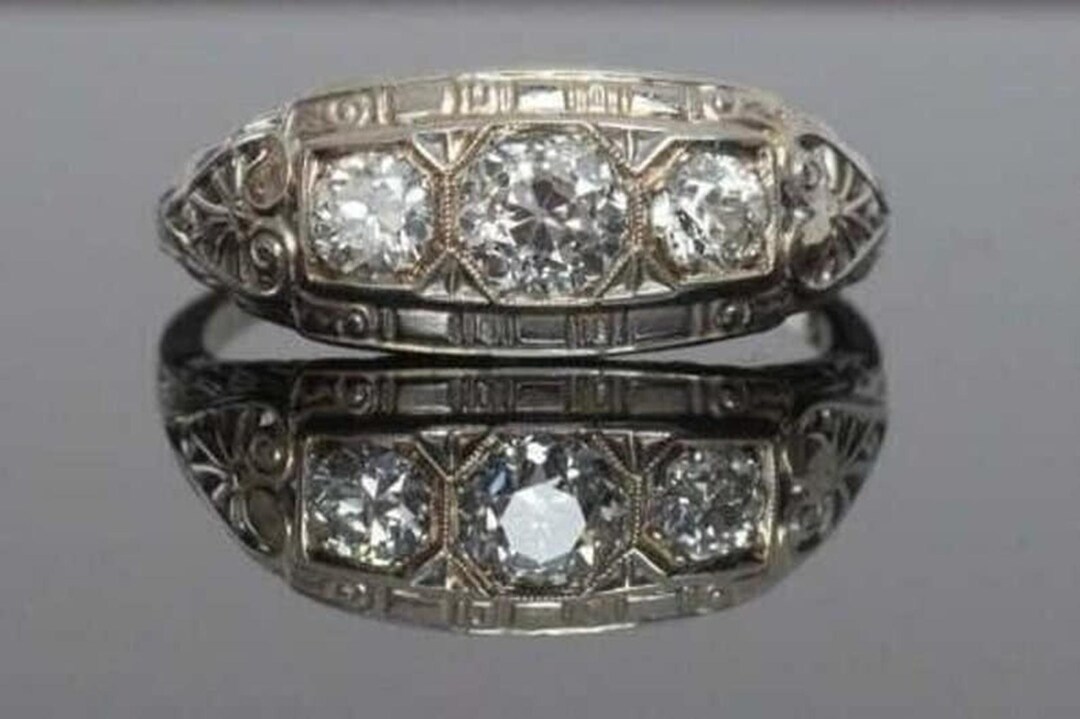 Three Stone Art Deco Design Ring, Old European Cut Moissanite Diamond ...
