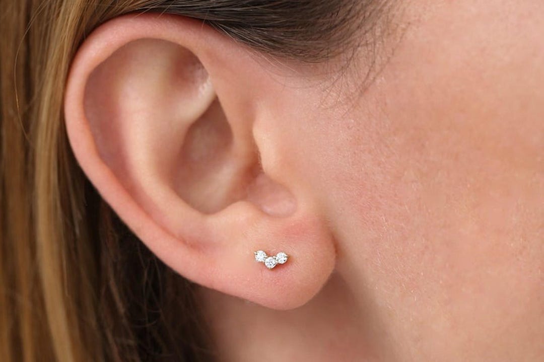 Tiny Three Stone Stud Earring, Round Moissanite Diamond Push Back Stud ...