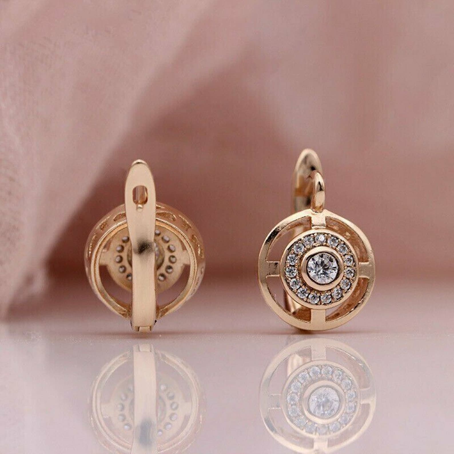 Bezel Set Halo Earring, Round Moissanite Diamond Earring, Woman's Geometric Earring, 14K Rose ...