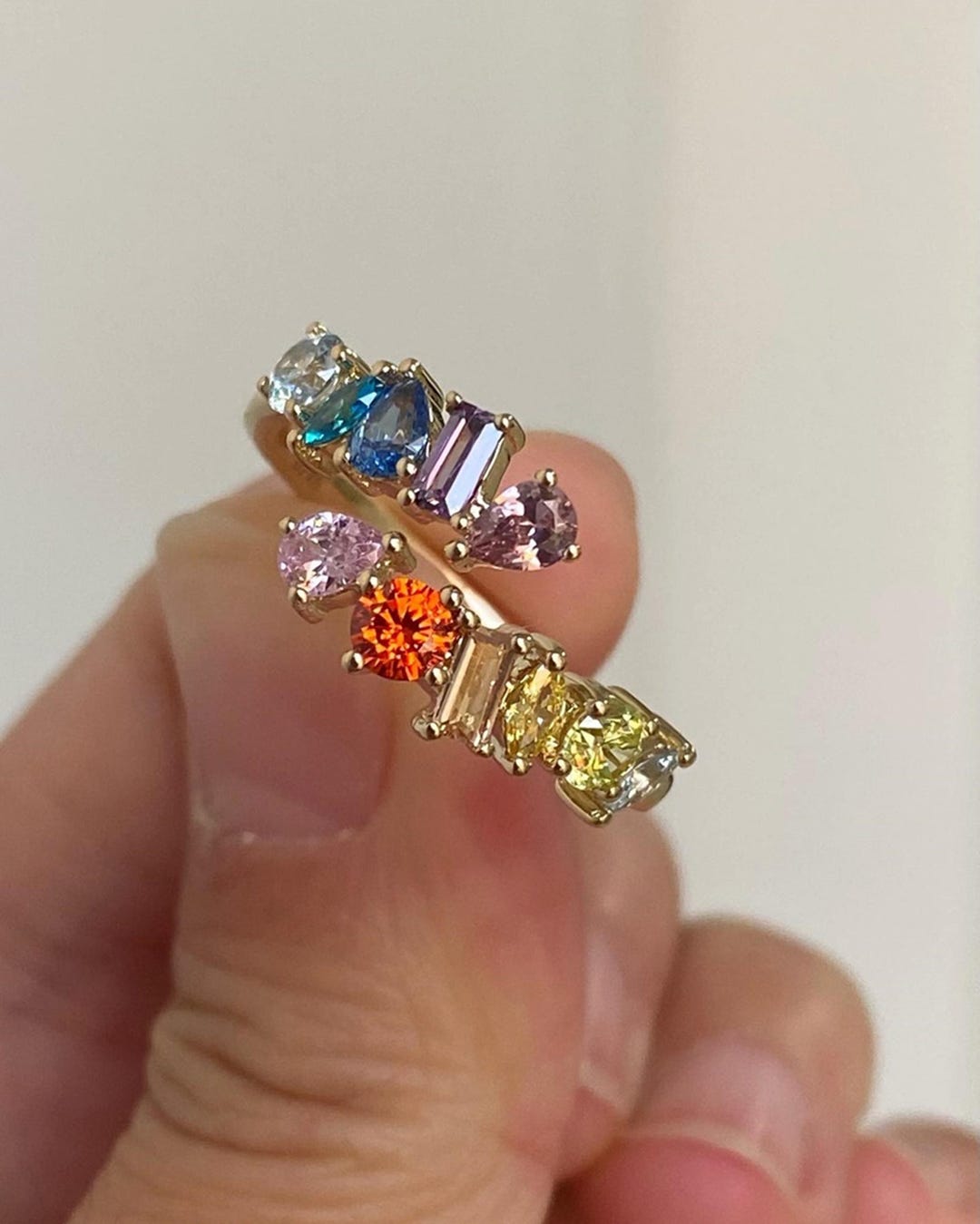 Multi Colored Gemstone Ring, 14K Yellow Gold Engagement Ring, Multi ...