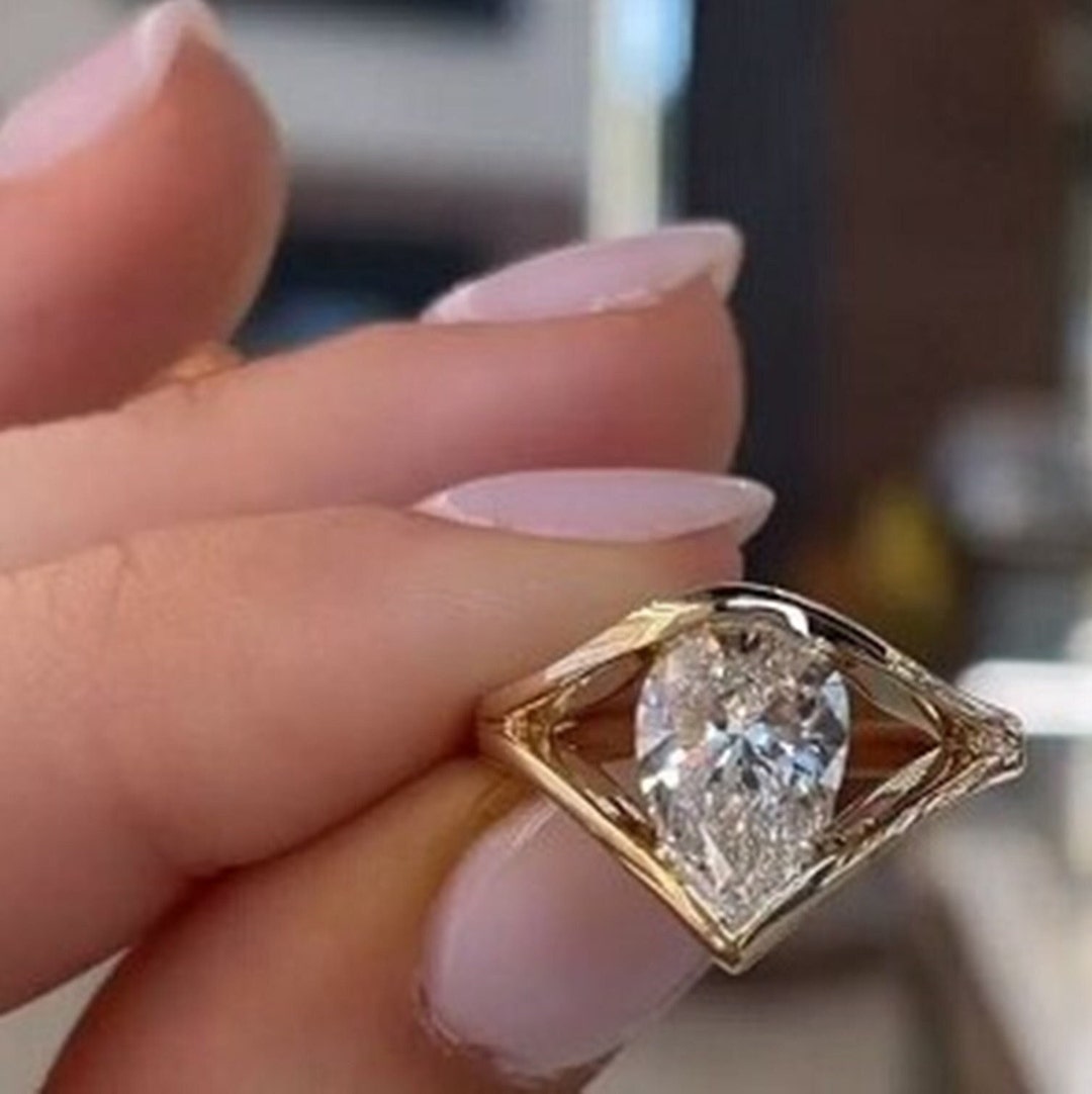 Split Shank Solitaire Teardrop Ring, Yellow Gold Minimalist Ring ...