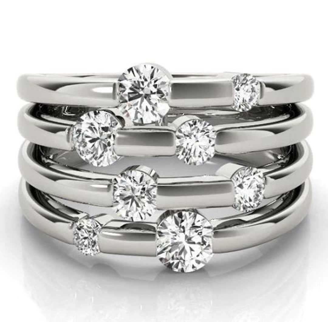 Eight Stone Ring, Multi Layer Band Ring, Round Moissanite Diamond Ring ...