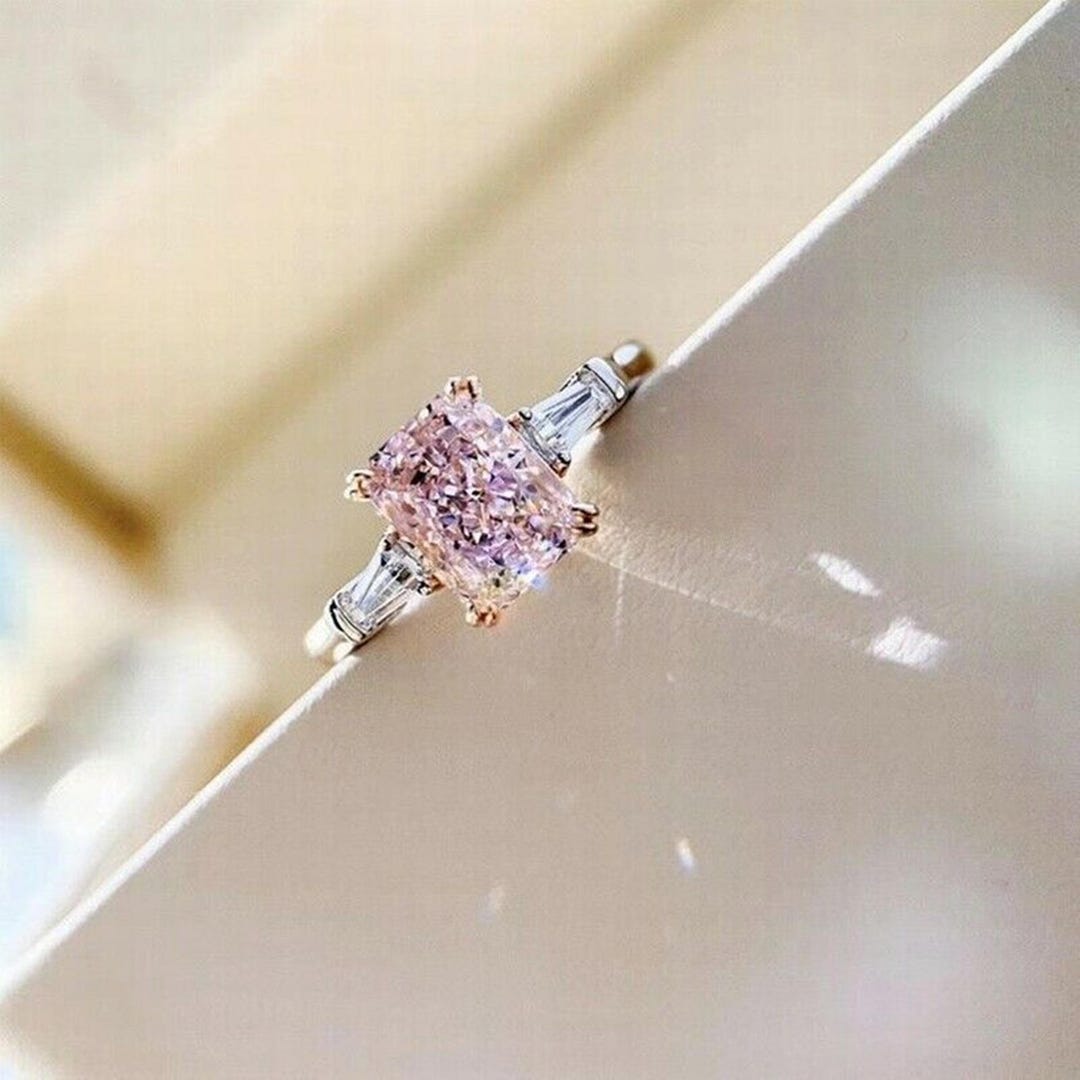 Pink Radiant With Tapper Baguette Cut CZ Stone Ring, Dainty Three Stone ...