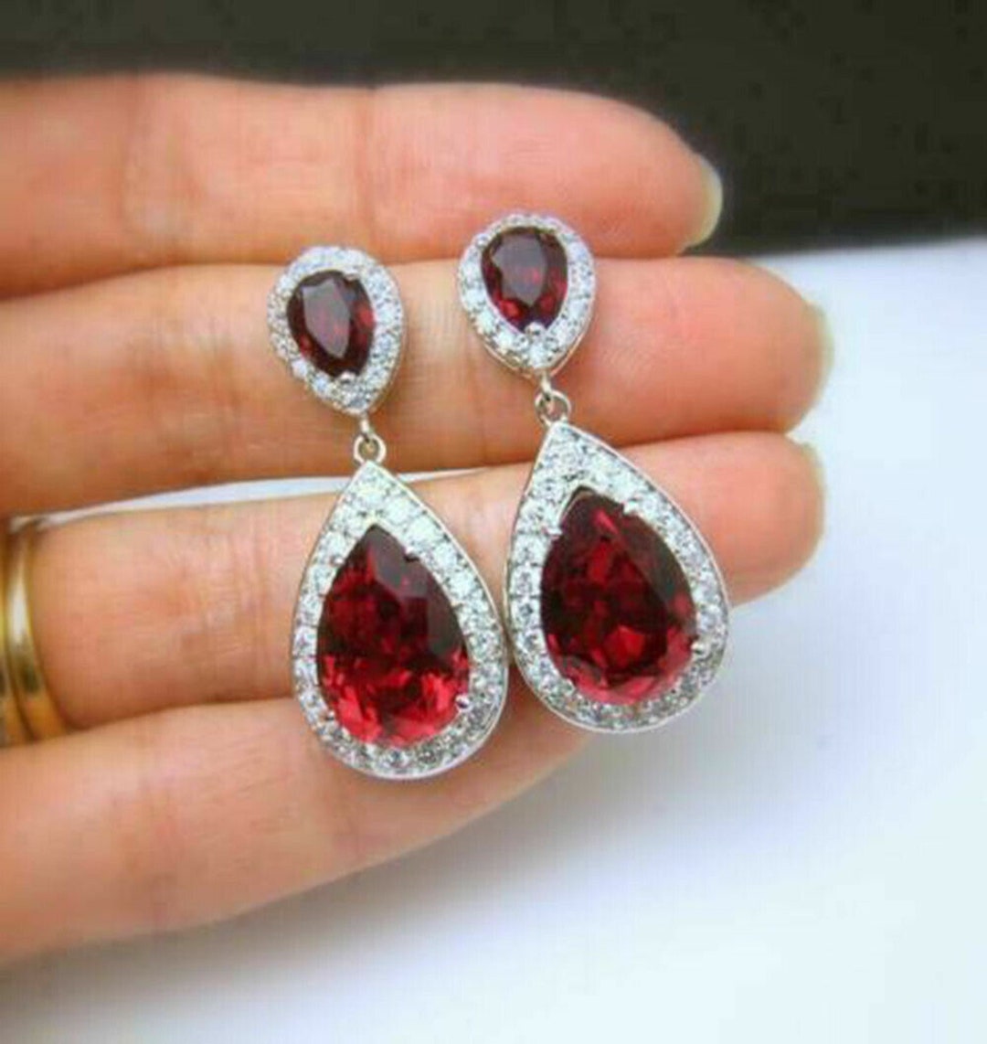 Red Garnet Pear Stone Dangle Earring, Cocktail Drop Earring, Woman's ...
