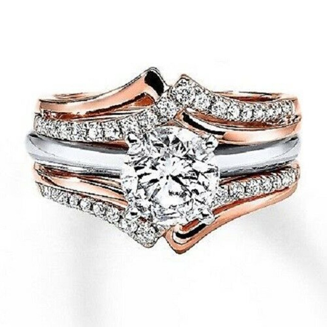 Stackable 2 Piece Enhancer With Solitaire Ring Set, Silver or Gold Two ...