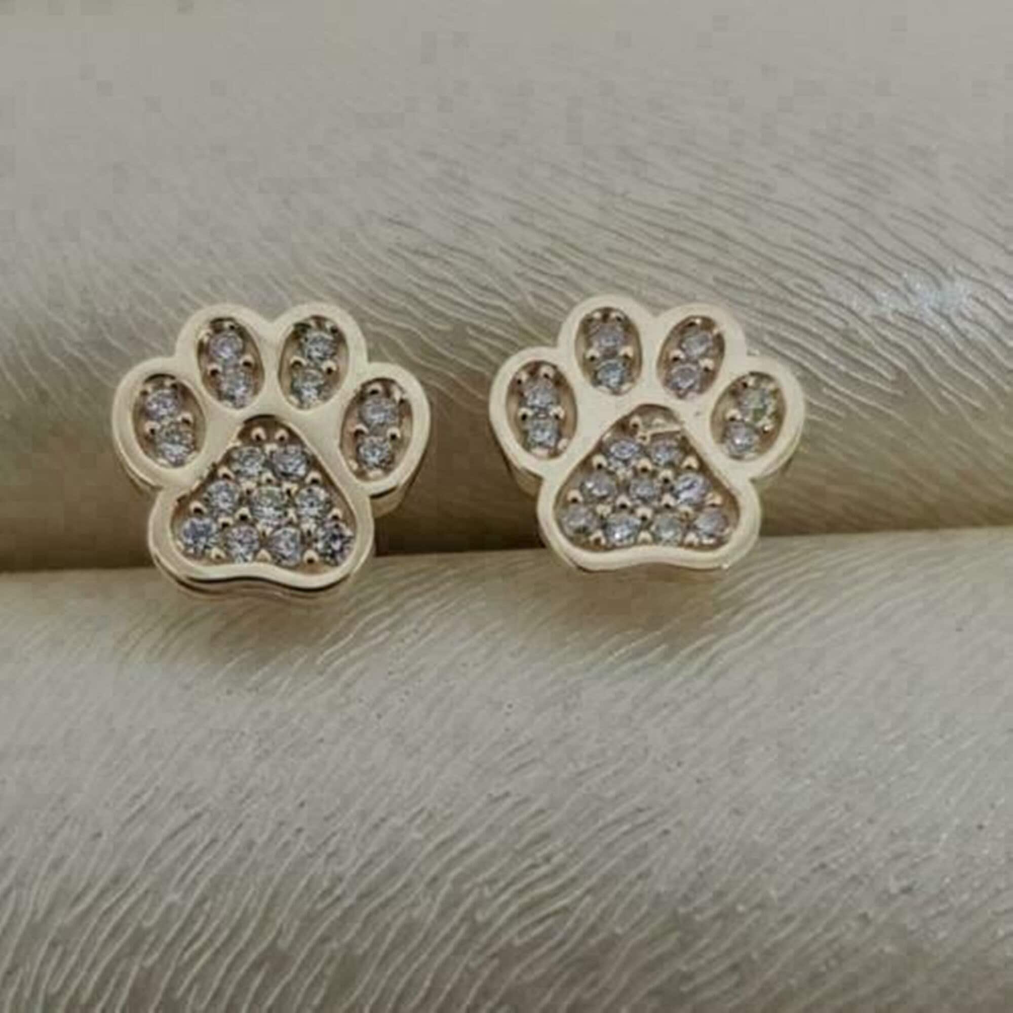 Yellow Gold Dog Paw Stud Earring, Cute Animal Paw Print Earring, Round ...