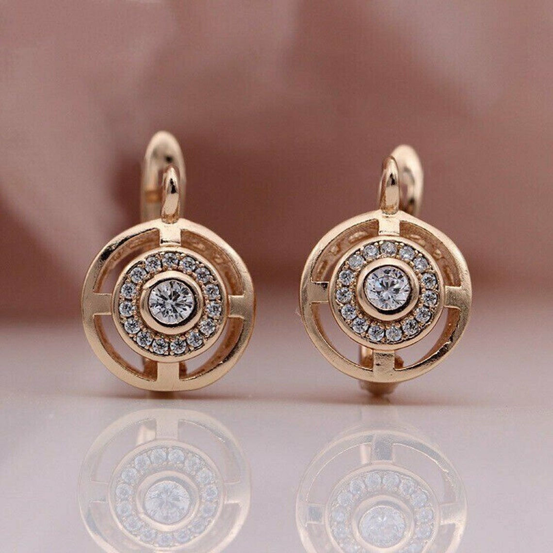 Bezel Set Halo Earring, Round Moissanite Diamond Earring, Woman's Geometric Earring, 14K Rose ...