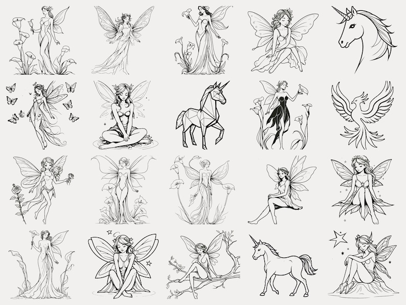 200 Designs Fairy Fine Line Tattoos, Clip Art, Stencils, Doodles, PNG ...