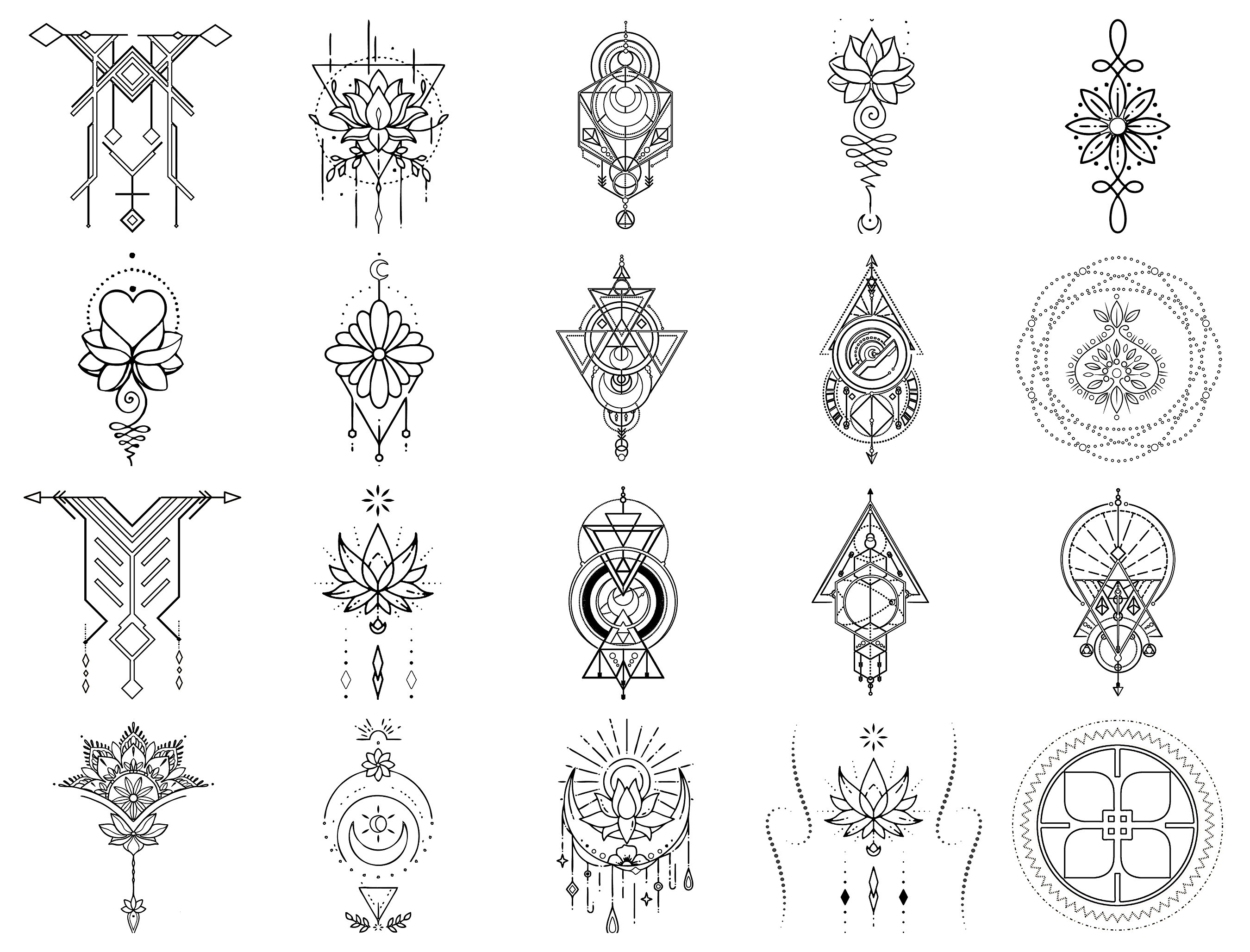 10 Sheets of Minimal Geometric Tattoos, Fine Line Tattoo, Stencil Arts ...