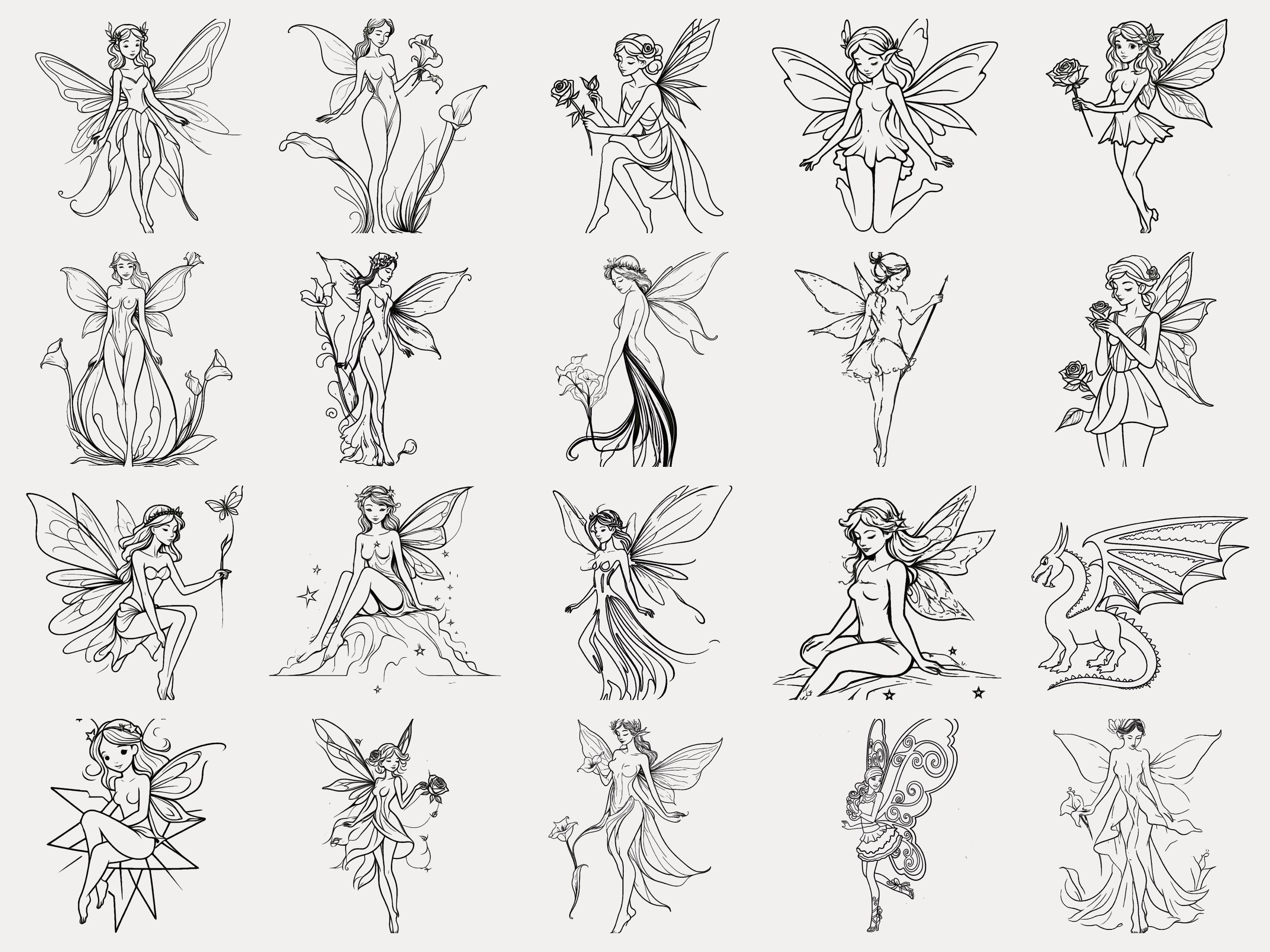 200 Designs Fairy Fine Line Tattoos, Clip Art, Stencils, Doodles, PNG ...