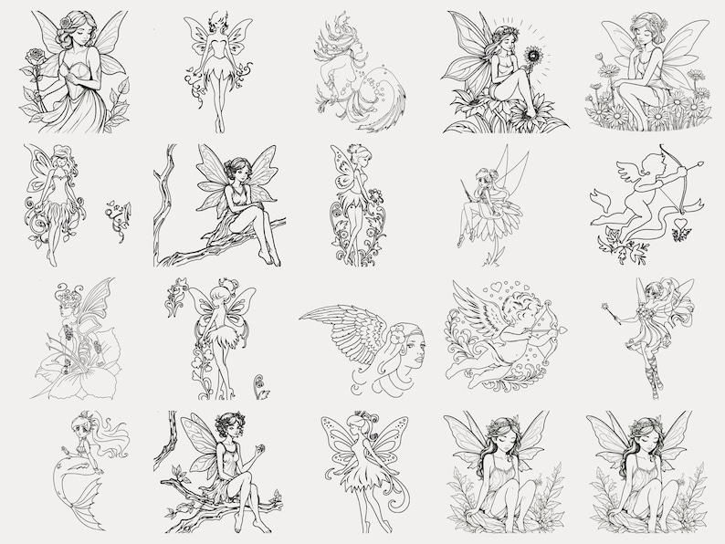 200 Designs Fairy Fine Line Tattoos, Clip Art, Stencils, Doodles, PNG ...