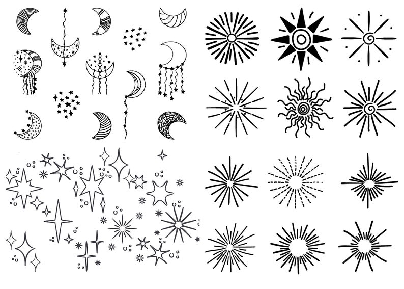 10 Sheets, Minimal Sun Moon Tattoos, Fine Line Tattoo, Stencil Art ...