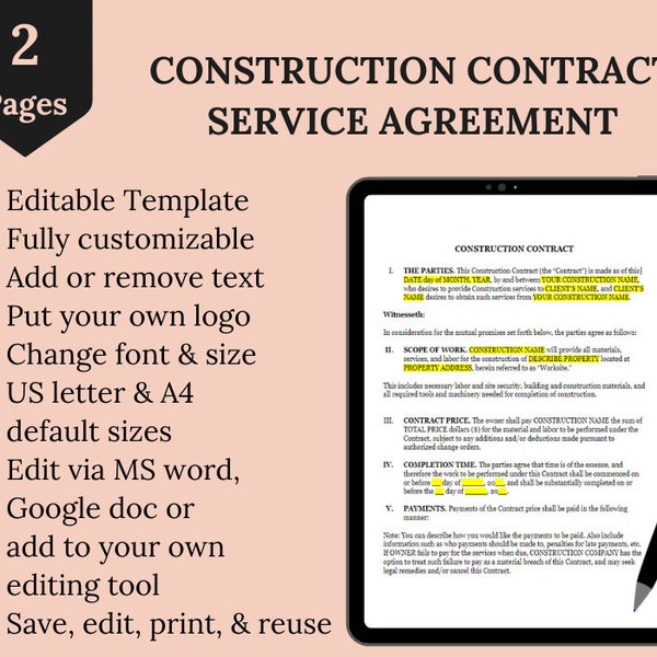 Simple One Page Construction Contract - Etsy