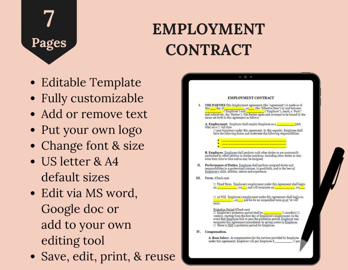 Editable Employment Contract Template - Etsy