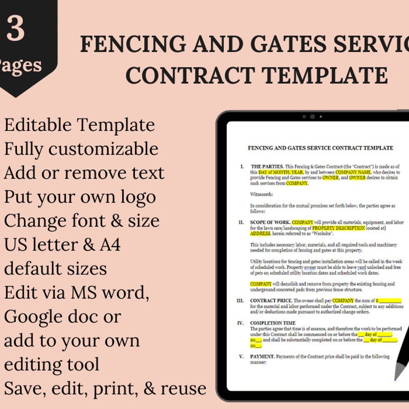 Fencing Contract Template - Etsy