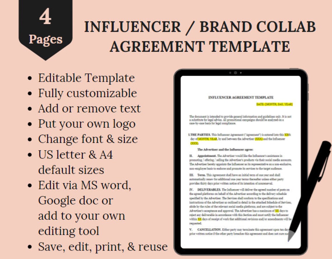 Editable Influencer Brand Collaboration Contract Template Social Media ...