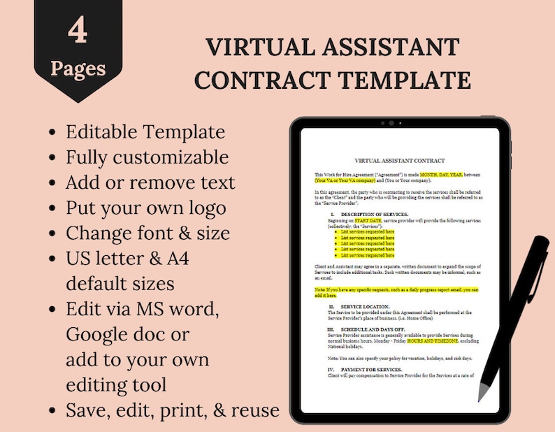 Editable Virtual Assistant Contract Template Personal Assistant ...
