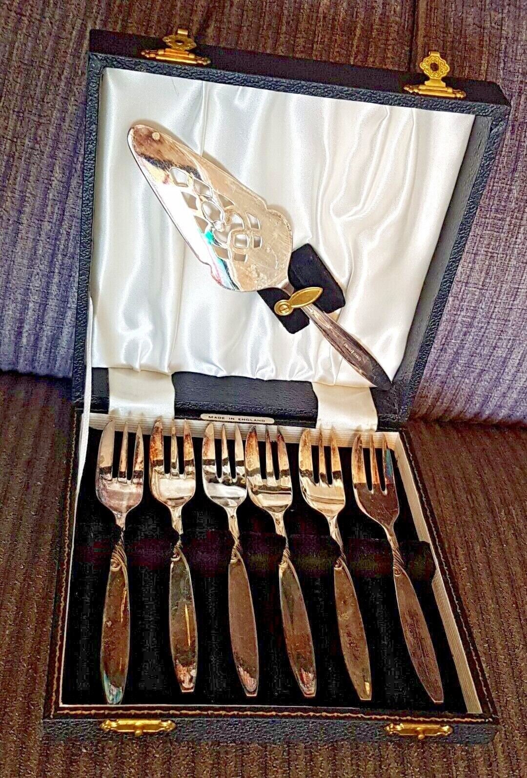 Vintage England Angora Epns Silver Plate 6 Pastry Cake Fork Cutlery Set ...