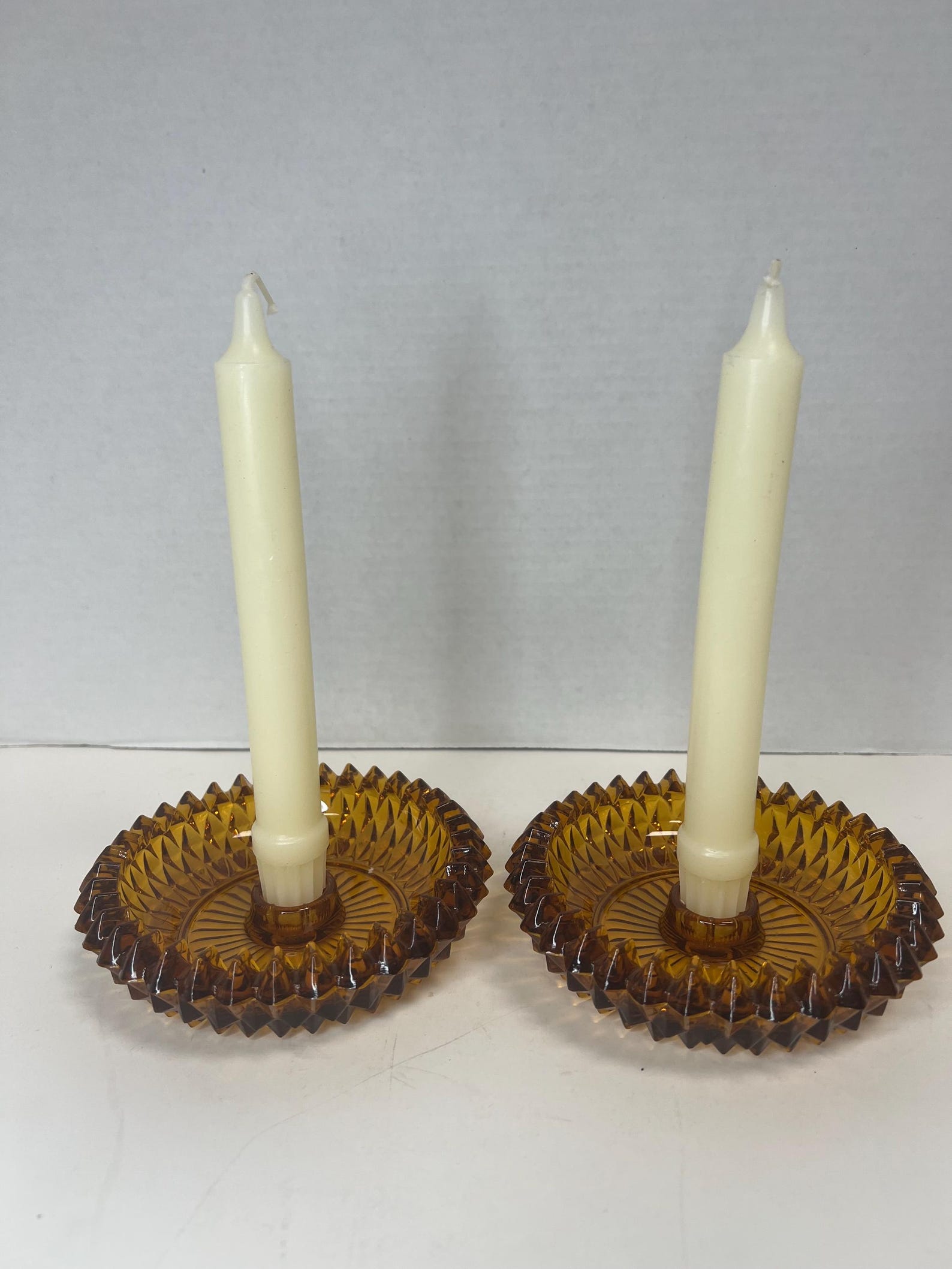 Vintage Indiana Glass Amber Diamond/point Taper Candle Holder Set of 2 ...