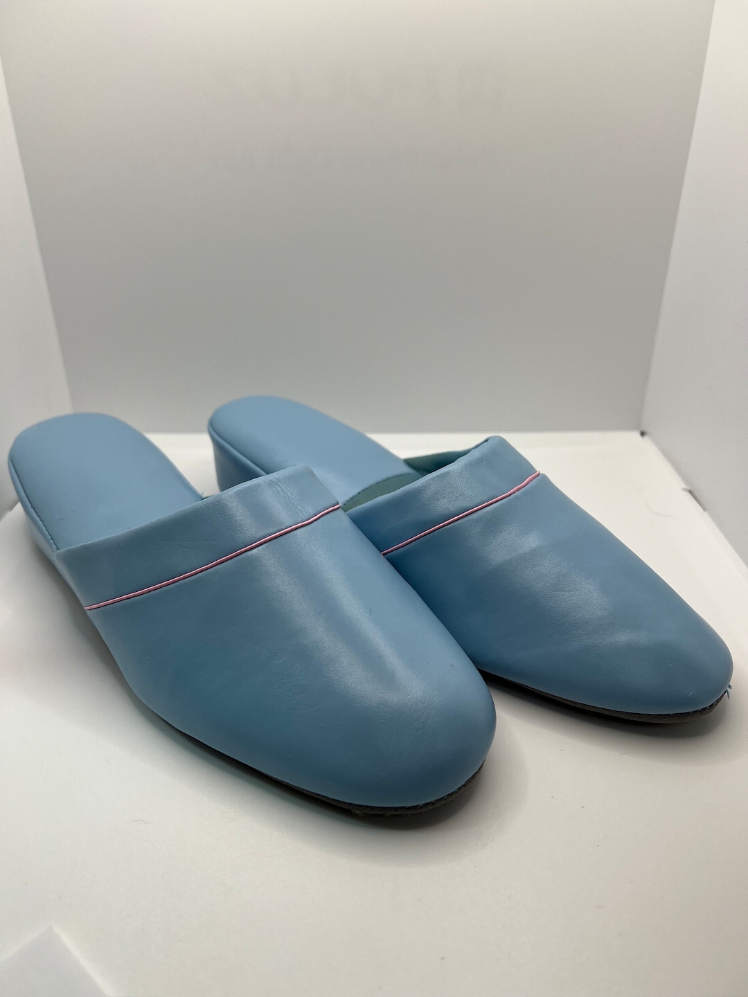 Vintage 1960s Grandma Powder Blue Pink Stripe Slip on Slippers Size 7 ...