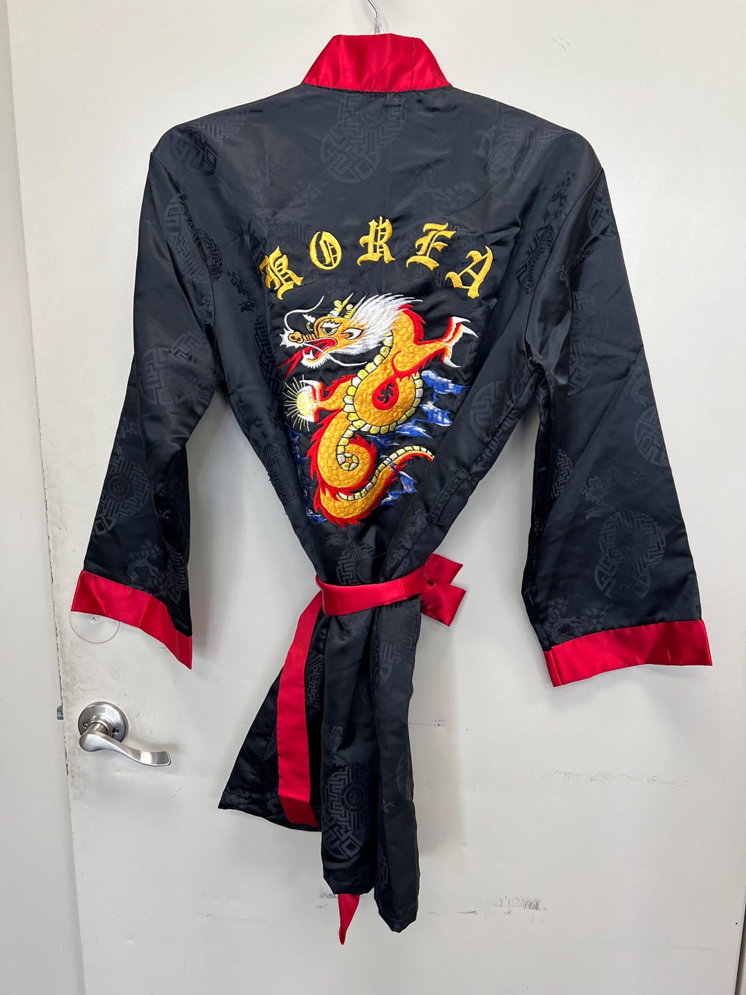 Vintage Korean Black and Red Robe Iconic Gold Dragon on the Back. Red ...