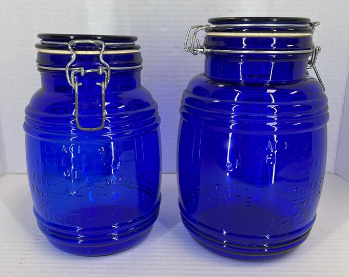 Vintage Cobalt Blue Glass Jars: Cracker Barrel Style, Hinged Lid - Set ...
