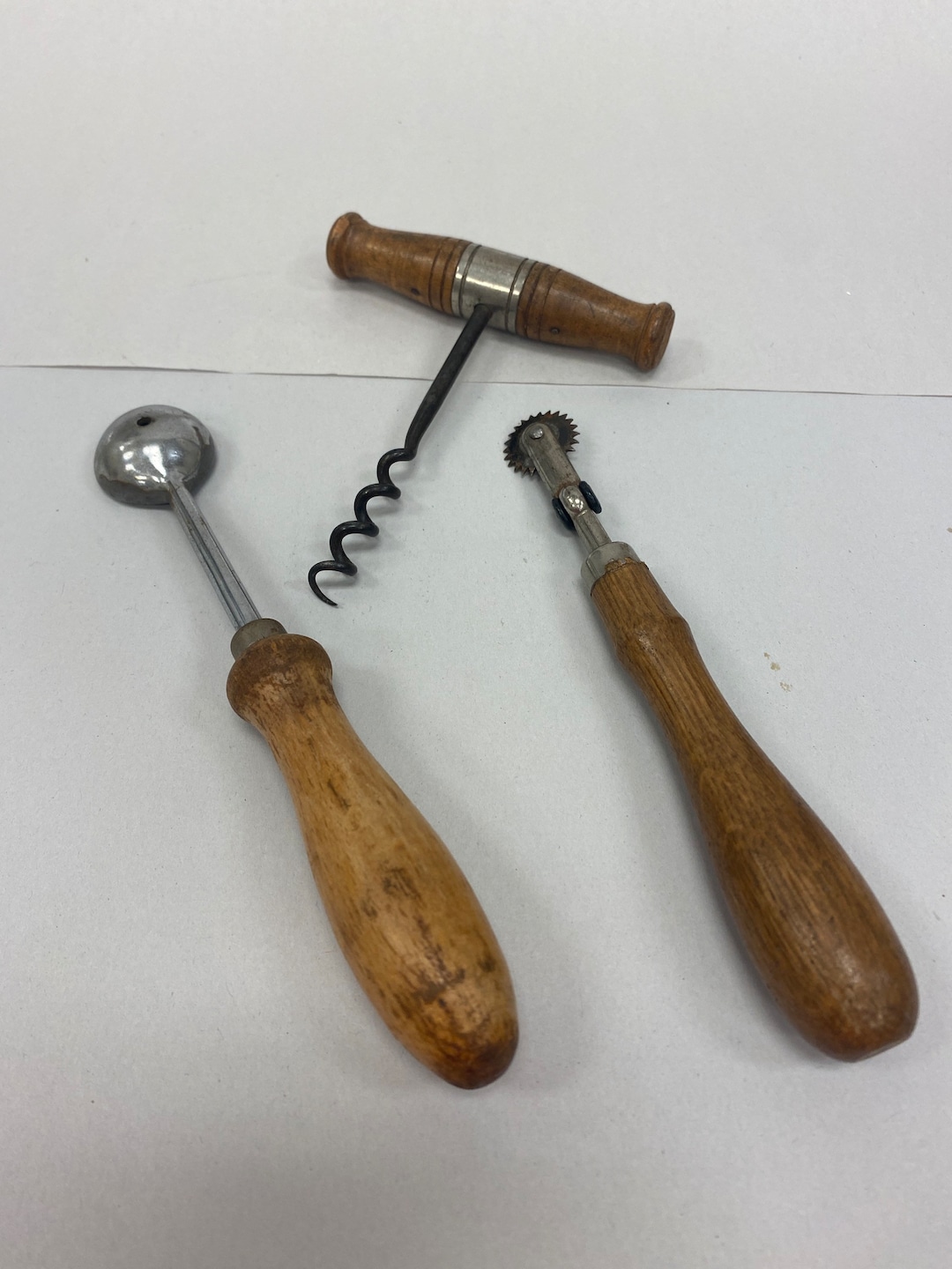1930s Set of 3 Wooden Kitchen Hardware Corkscrew, Melon Ball Maker and ...