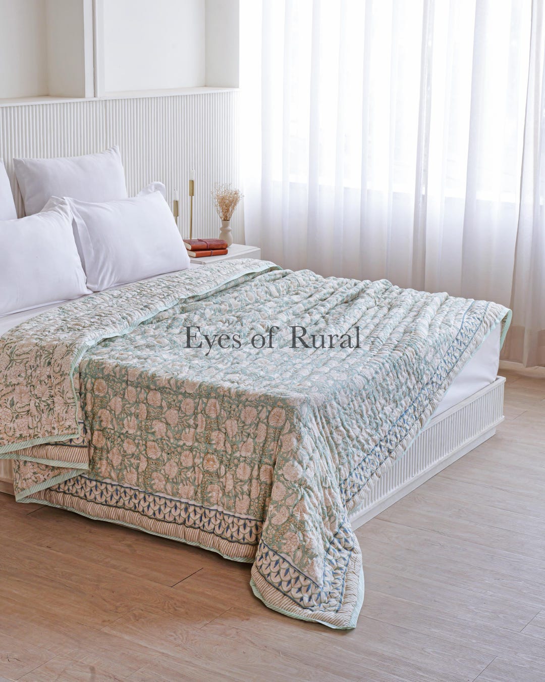 Sage Green Hand Block Printed Quilt, Kantha Quilt, Handmade Floral ...