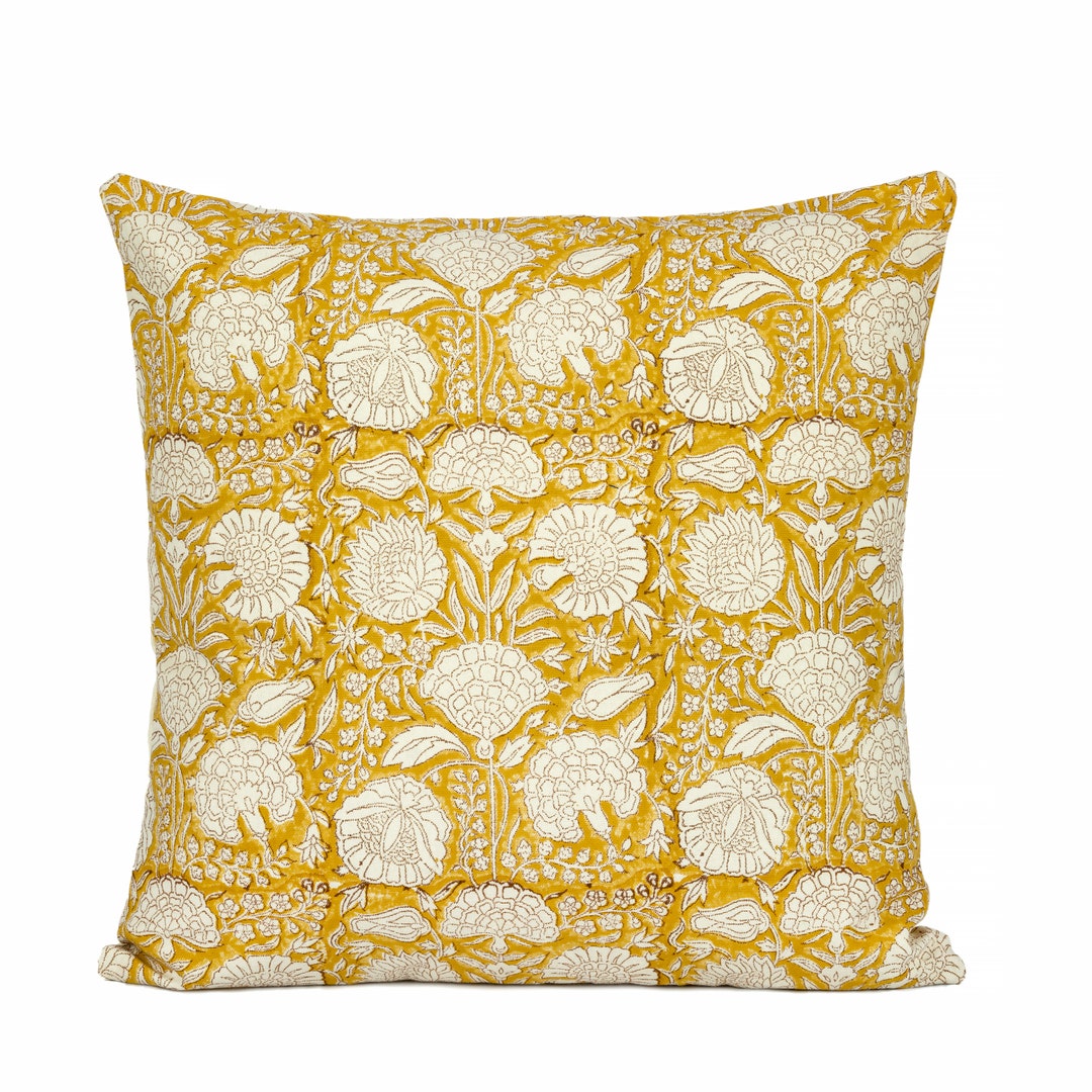 Designer Floral Yellow Mustard on Natural Linen Pillow Cover, Yellow ...