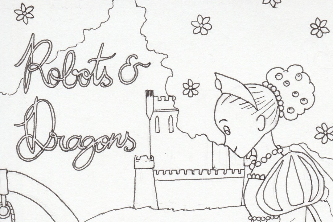 Robots & Dragons - Handrawn Fantasy Colouring Pages (4 Pages) - Etsy