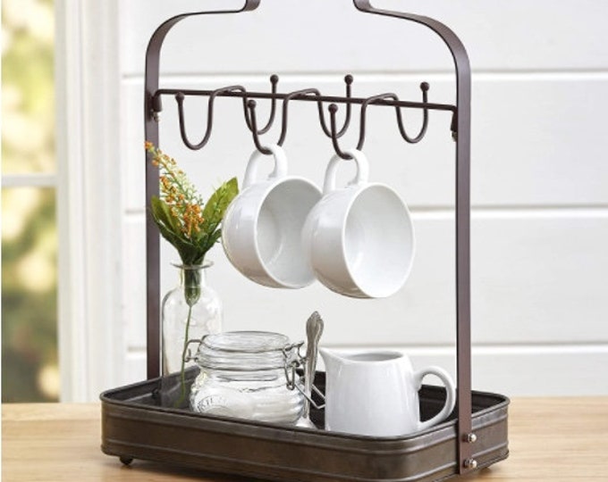 Beautiful Farmhouse Rustic Coffee Mug Metal Rack Holder With Tray 6 ...