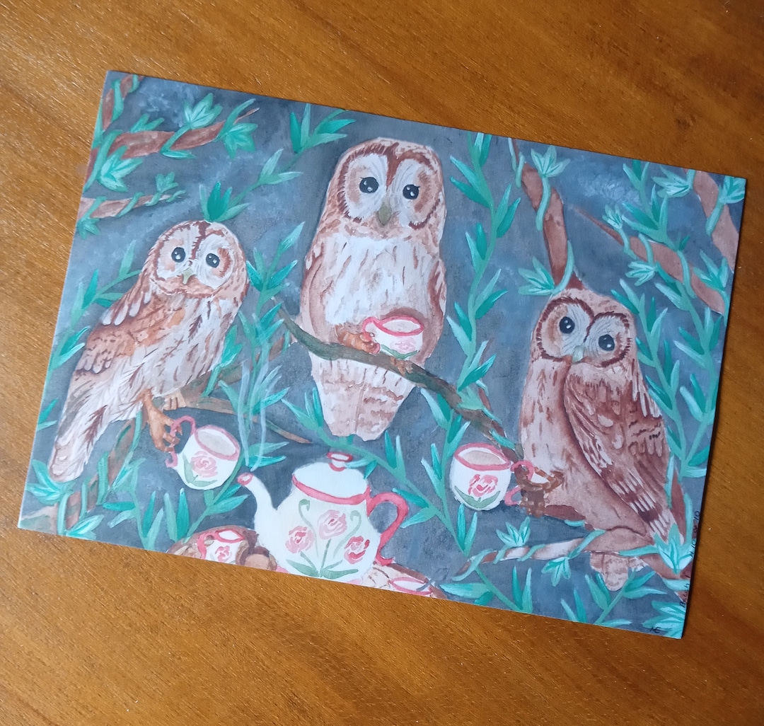 A4 Tawny Owl Tea Party PRINT - Etsy UK
