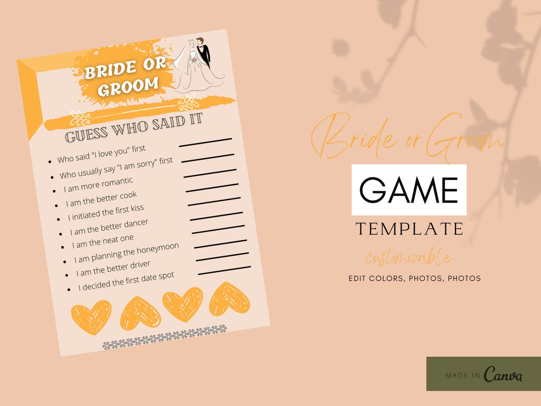 Bride and Groom Game Bridal Shower, Bride and Groom Game, Bride and ...