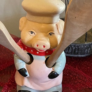 Vintage Pig Chef Kitchen Utensil Holder Wooden Spoon & Fork Ceramic ...