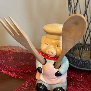 Vintage Pig Chef Kitchen Utensil Holder Wooden Spoon & Fork Ceramic ...