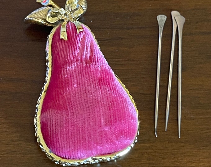 Vintage Metal Gold Tone Pear Shaped Pin Cushion Pink Velvet Marked SF ...