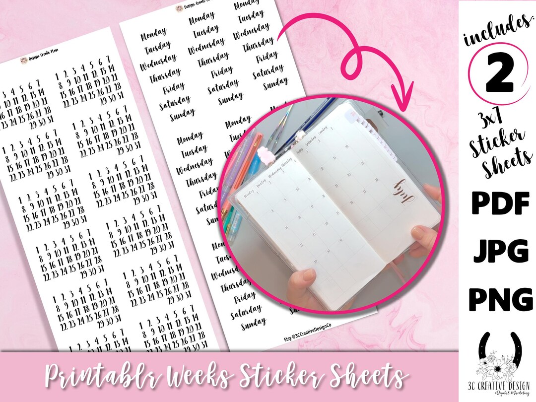Week Dates Monthly Spread Sticker, Printable Planner Stickers Hobonichi ...