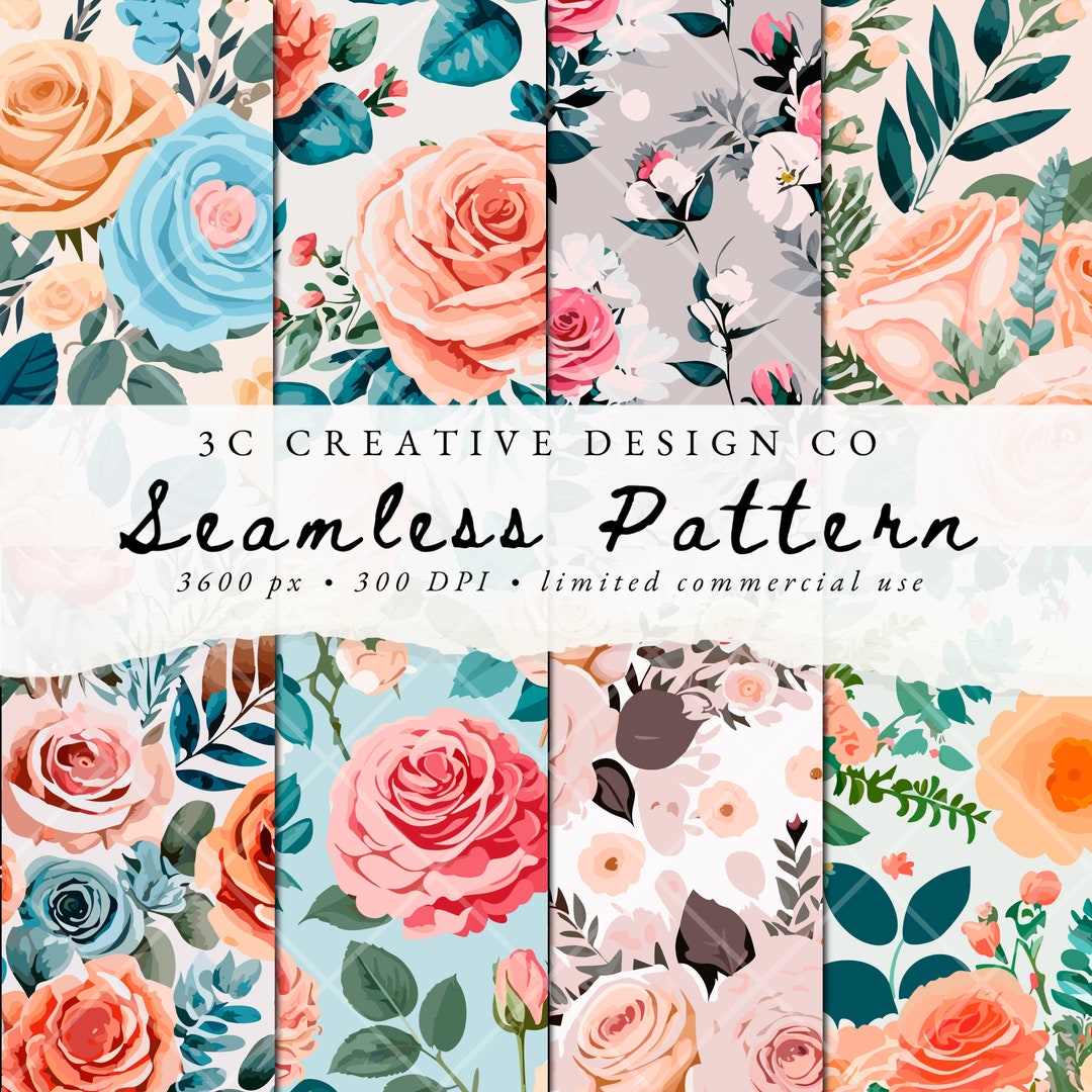 Seamless Repeat Floral Pattern, Commercial Use Clipart Bundle, Digital ...