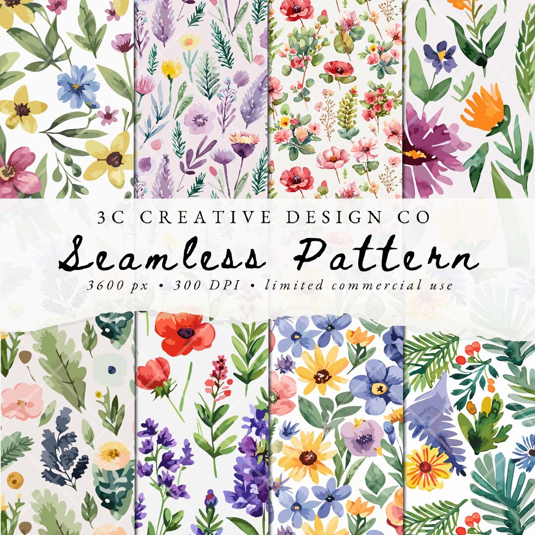 Seamless Repeat Floral Pattern, Commercial Use Clipart Bundle, Digital ...