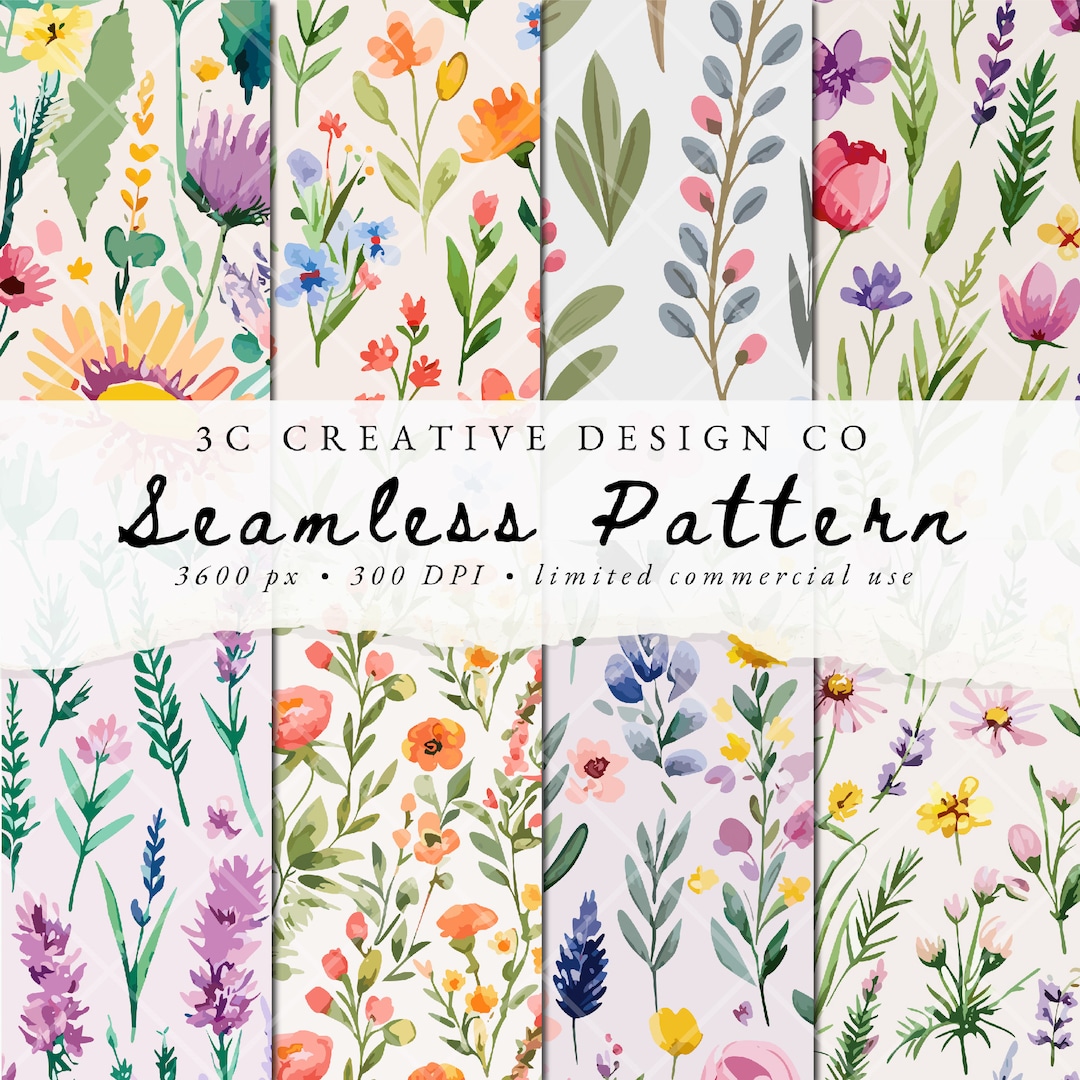 Seamless Repeat Floral Pattern, Commercial Use Clipart Bundle, Digital ...