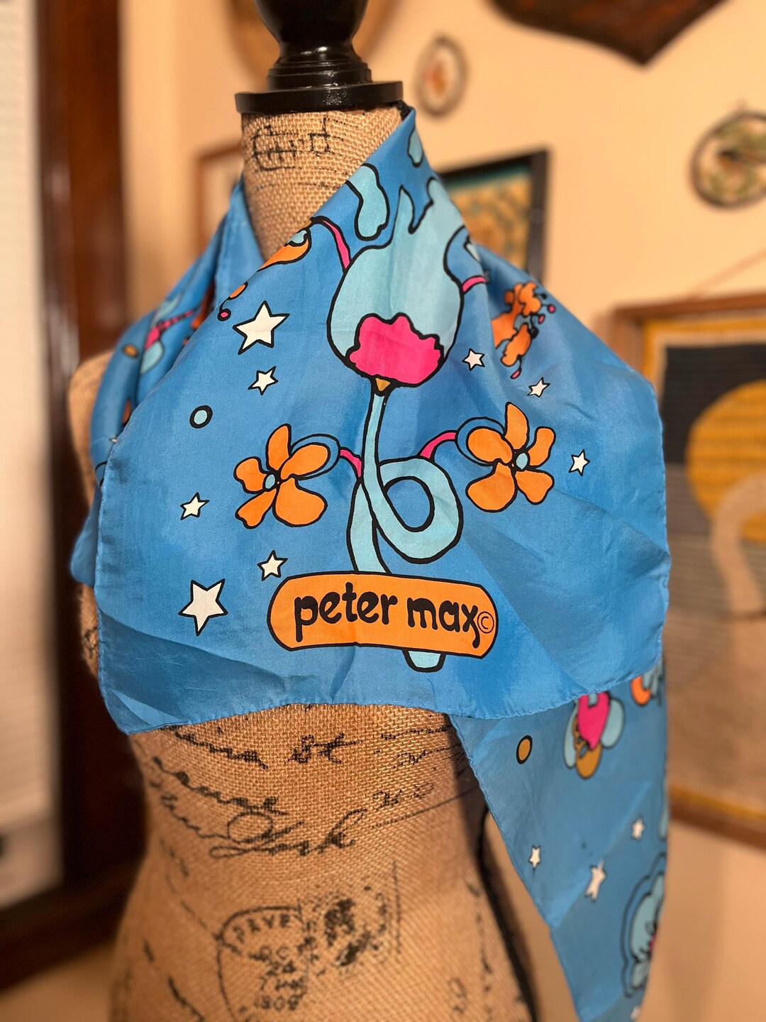 60s Psychedelic Blue Silk Peter Max Scarf - Etsy