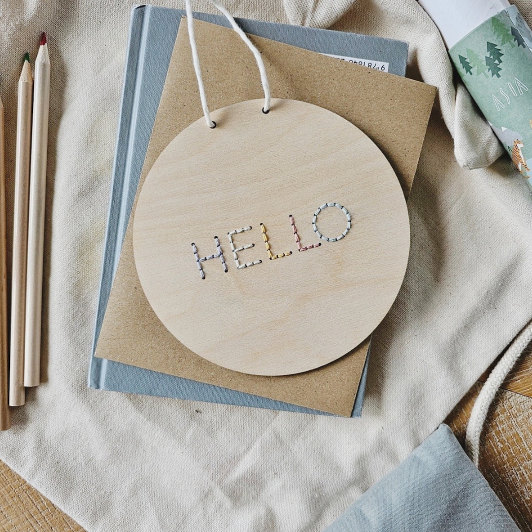 Embroidered hello Wooden Wall Sign Personalised Playroom, Nursery, or ...