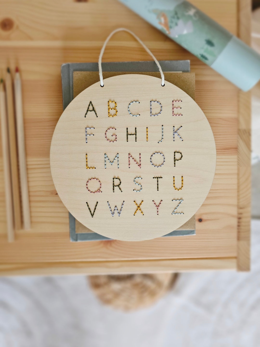 Wooden Alphabet Wall Hanging | Nursery Alphabet Wall Art | Embroidered ...