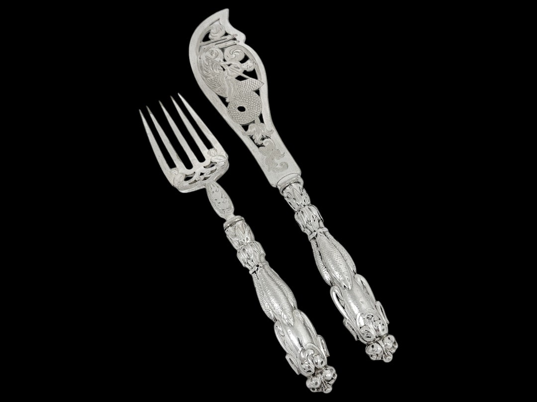 Antique Mid-victorian Sterling Silver Fish Server Set Embossed With ...