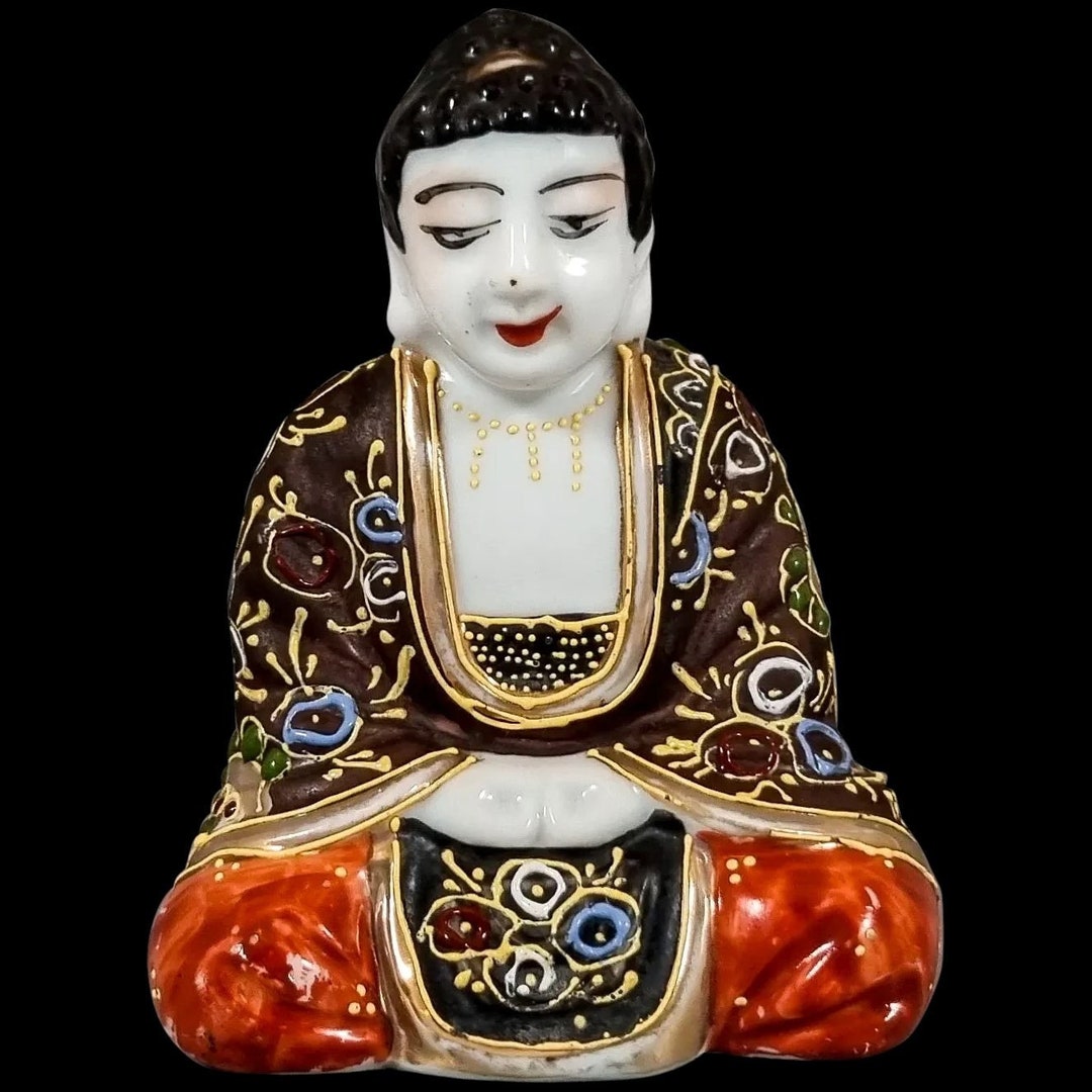 Meiji Japanese Kutani Porcelain Sitting Buddha Figurine, Enamel Moriage ...