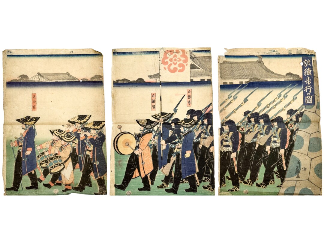 Edo Period Colour on Paper "parade of the Emperor's Troops" Woodblock ...
