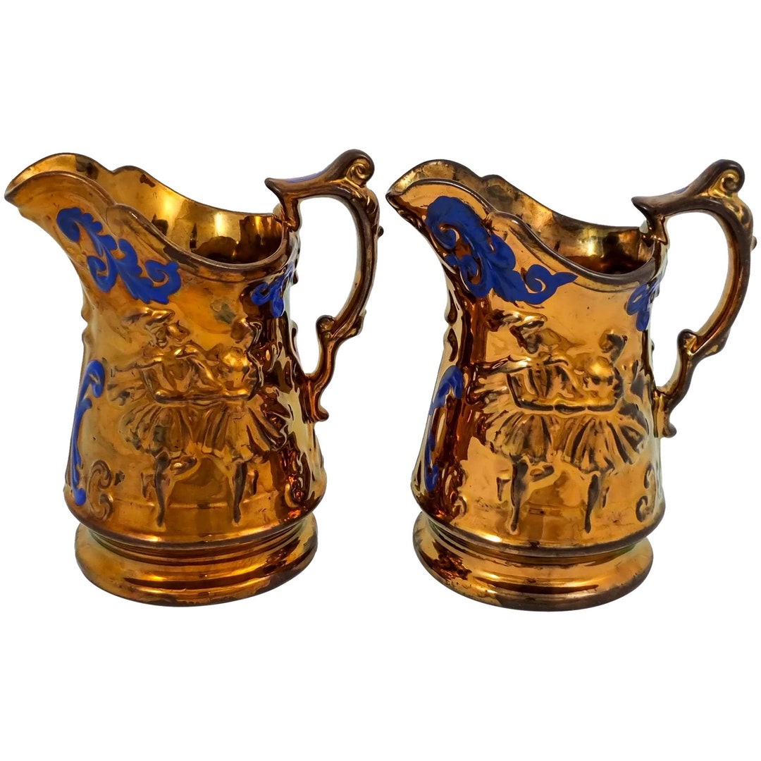 Pair of Victorian Pottery Copper Lustreware Moulded Jugs / Pitchers ...